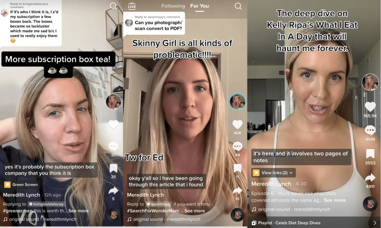 Glossy Pop Newsletter: Meredith Lynch researches celebrity brands and reports her findings on TikTok